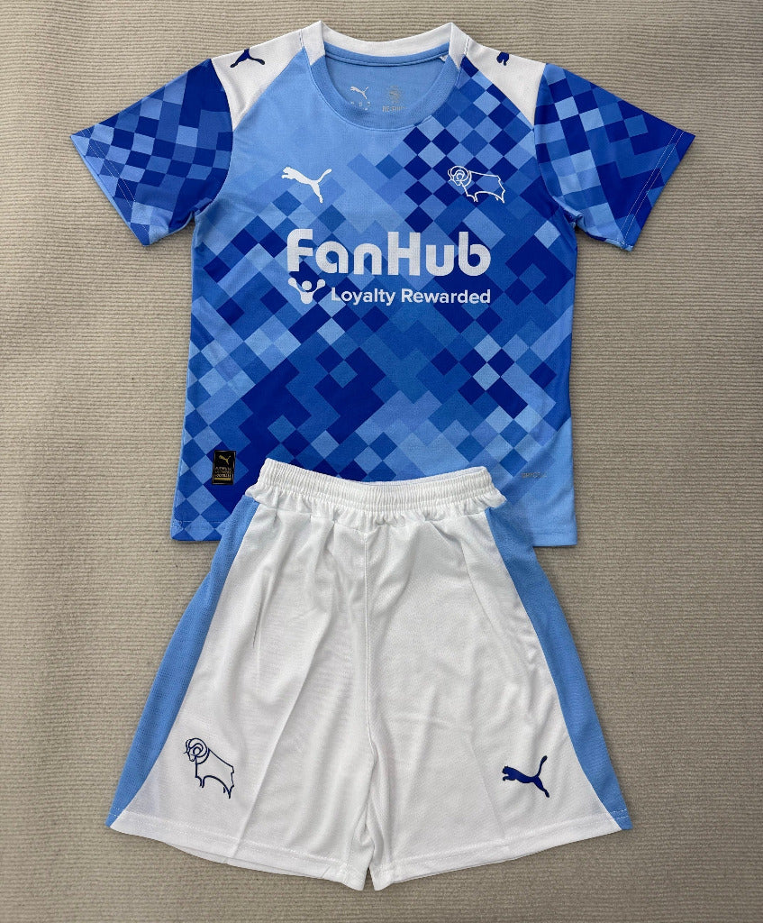 Derby County 25/26 Blue & White Third Kids Jersey Set – Youth Football ...