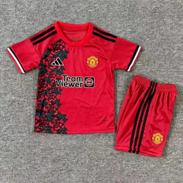 Manchester United 25/26 Red Rose Pattern Kids Jersey Set – Official ...